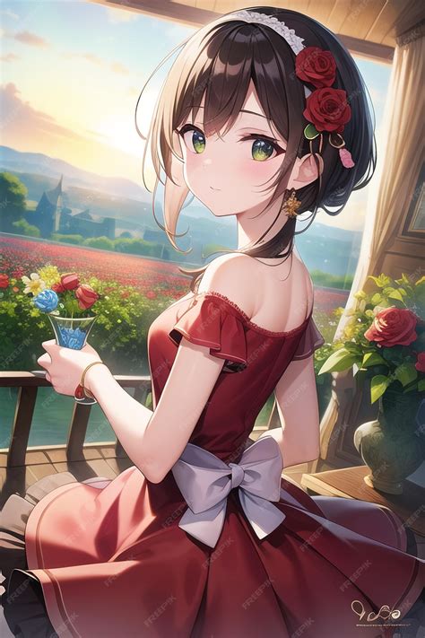 Premium Ai Image Anime Girl In A Red Dress With A Flower In Her Hair
