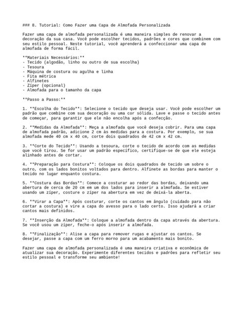 8 Tutorial Como Fazer Uma Capa De Almofada Personalizada Pdf