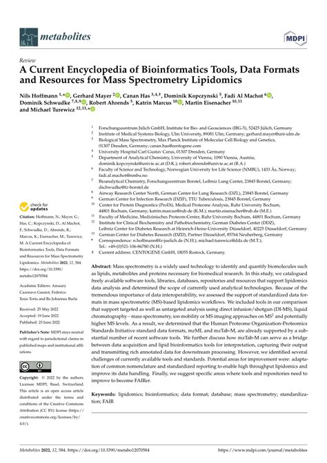 Pdf A Current Encyclopedia Of Bioinformatics Tools Data Formats And Resources For Mass