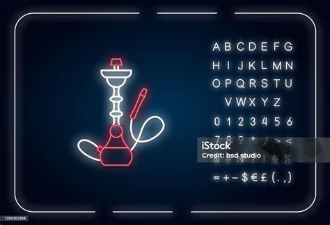 후카 네온 라이트 아이콘 시샤 하우스 최소 개체입니다 나르길 라운지 파이프에서 냄새 외부 빛나는 효과 알파벳 숫자 및 기호로 서명합니다 벡터 격리 Rgb 색상 그림 광학