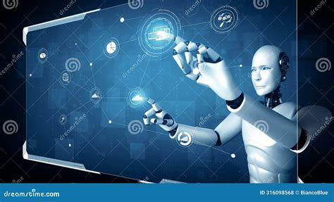 MLB AI Humanoid Robot Touching Virtual Hologram Screen Showing Concept of Big Data Stock ...