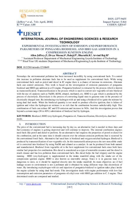 Pdf Experimental Investigation Of Emission And Performance Parameters