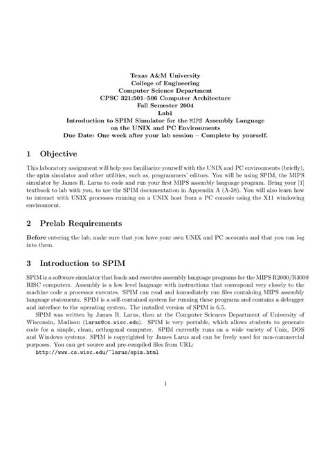 Introduction To Spim Simulator For Mips Assembly Language Cpsc 321 Docsity