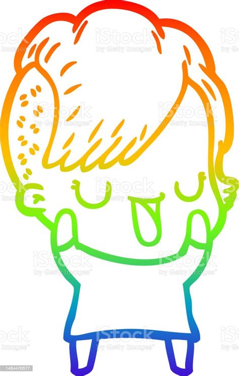 힙스터 이발을 한 귀여운 만화 소녀의 무지개 그라데이션 선 그리기 고풍스런에 대한 스톡 벡터 아트 및 기타 이미지 고풍스런