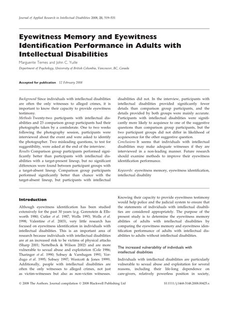 Pdf Eyewitness Memory And Eyewitness Identification Performance In