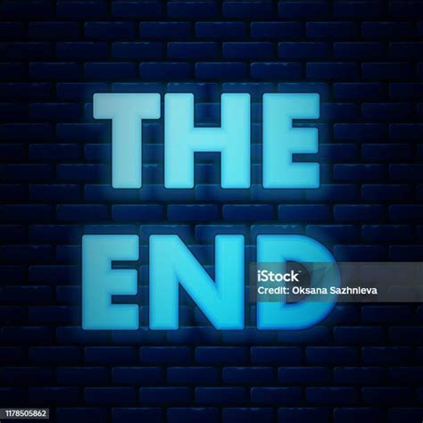빛나는 네온 벽돌 벽 배경에 격리 된 끝 필기 비문 아이콘 동영상 프레임 닫기 동영상 종료 화면입니다 벡터 일러스트레이션 골동품에 대한 스톡 벡터 아트 및 기타 이미지