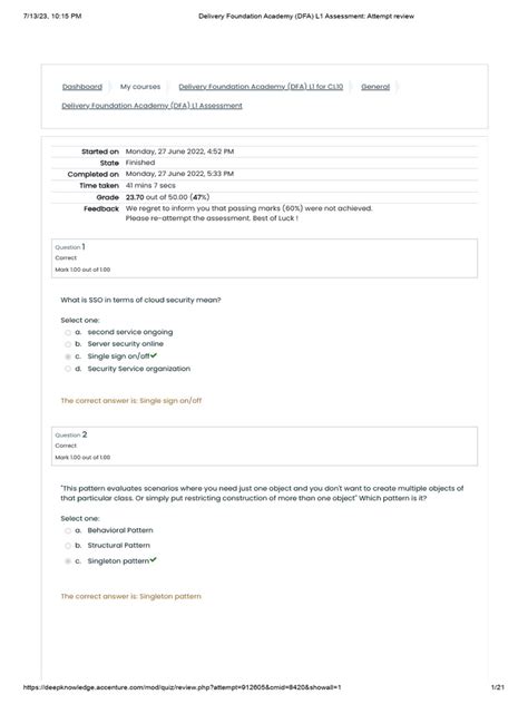 Delivery Foundation Academy Dfa L1 Assessment Attempt Review Set 1 Pdf Cloud Computing