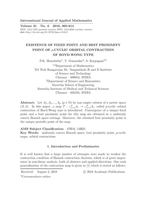 Pdf Existence Of Fixed Point And Best Proximity Point Of P Cyclic Orbital Contraction Of Boyd