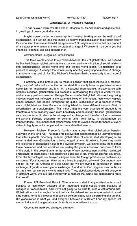 Essay About Globalization Dela Cerna Christian Kerr G Mwf330 430 Room Globalization A