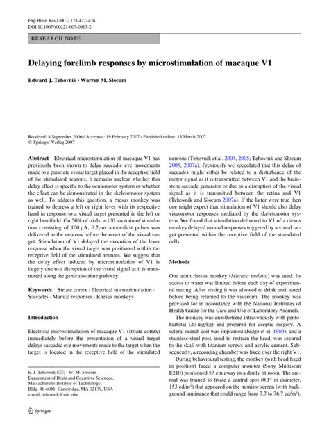 Pdf Delaying Forelimb Responses By Microstimulation Of Macaque V1