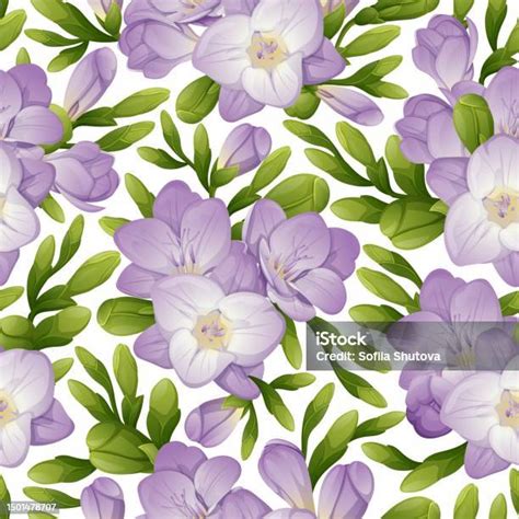 프리지어 꽃과 원활한 패턴입니다 보라색 꽃과 녹색 꽃 봉오리가있는 질감 직물 직물 종이 벽지 등을 위한 꽃무늬 인쇄 0명에 대한