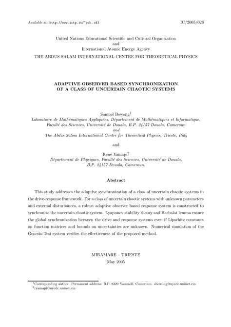 Pdf Adaptive Observer Based Synchronization Of A Class Of Uncertain