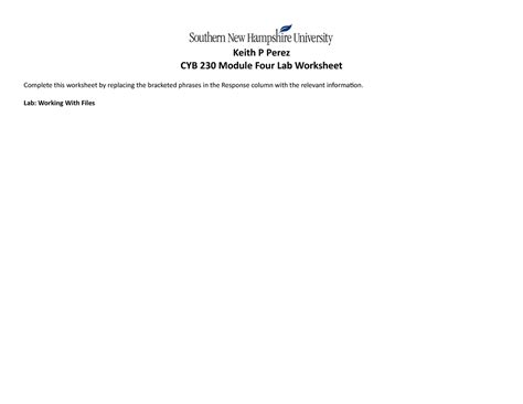 CYB 230 Module Four Lab Worksheet Keith P Perez CYB 230 Module Four Lab Worksheet Complete