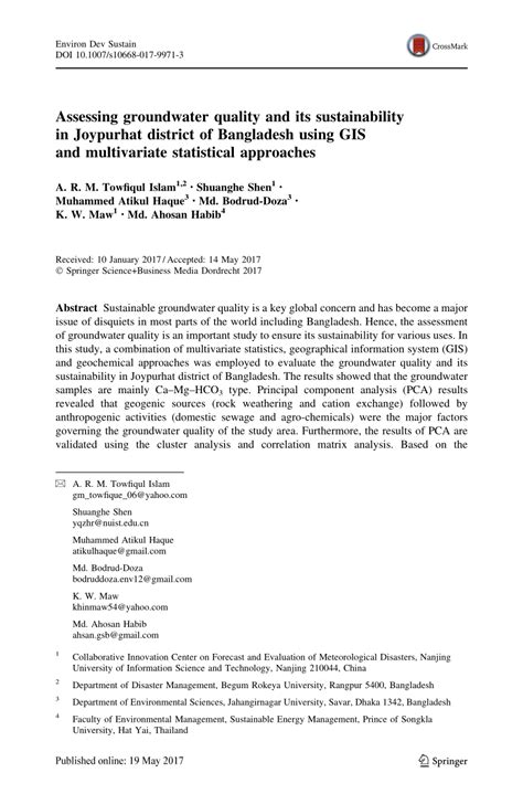 Pdf Assessing Groundwater Quality And Its Sustainability In Joypurhat District Of Bangladesh