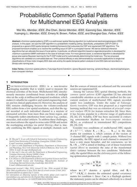 PDF Probabilistic Common Spatial Patterns For Multichannel EEG Analysis