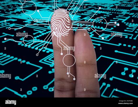 Human Finger Scanning Over Biometric Scanner Against Microprocessor Connections On Black