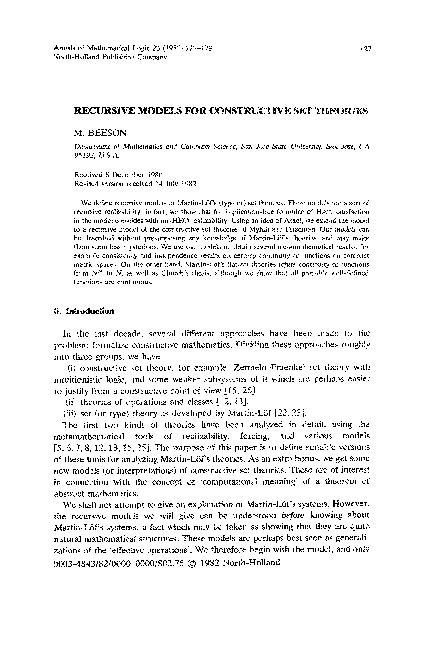 Pdf Recursive Models For Constructive Set Theories Michael Beeson