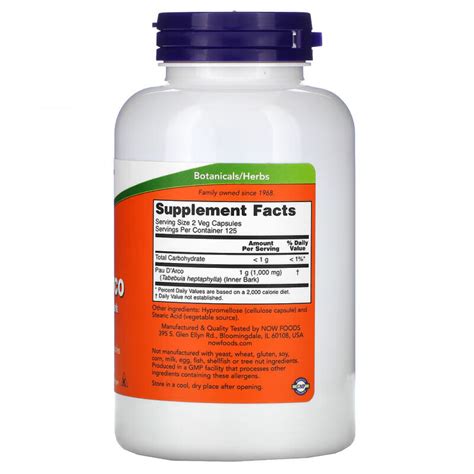 Кора муравьиного дерева Now Foods Pau D' Arco, 500 мг, 100 капсул ...