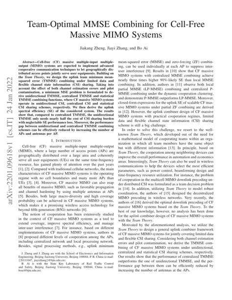 Pdf Team Optimal Mmse Combining For Cell Free Massive Mimo Systems