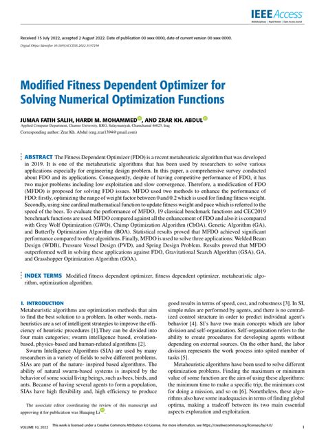 PDF Modified Fitness Dependent Optimizer For Solving Numerical Optimization Functions