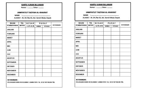 Kartu Iuran Bulanan Template Fix Pdf