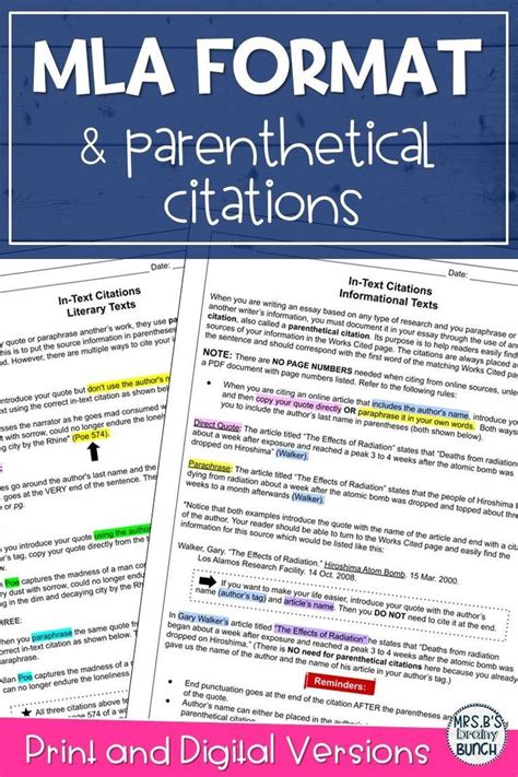 MLA Format Lessons And Activities MLA Format And Parenthetical Citations Middle Babe