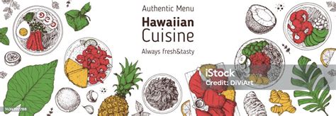 하와이 음식 탑뷰 벡터 일러스트레이션 음식 메뉴 디자인 템플릿 손으로 그린 스케치 하와이 음식 메뉴 빈티지 스타일 사이민 국수 수프 마늘 새우 칼루아 돼지 고기 훌리 치킨