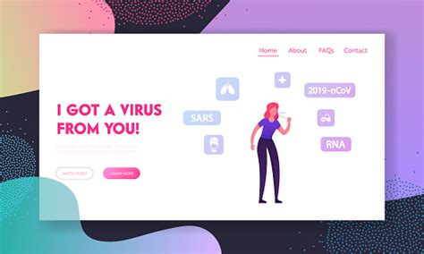 코로나 바이러스 증상 예방 및 치료 웹 사이트 방문 페이지 아픈 여자 기침 2019ncov Rna와 사스 얼굴 마스크 폐 및 의료 크로스 웹 페이지 배너 만화 플랫 벡터