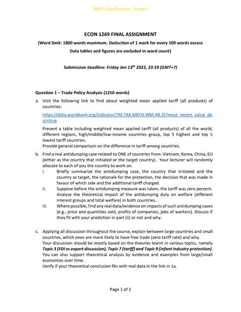 22c Assignment 3 Canvas Updated Page 1 Of 2 Rmit Classification Trusted Econ 1269 Final