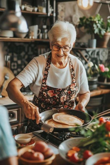 Premium Photo An Older Woman Cooking Food In A Kitchen