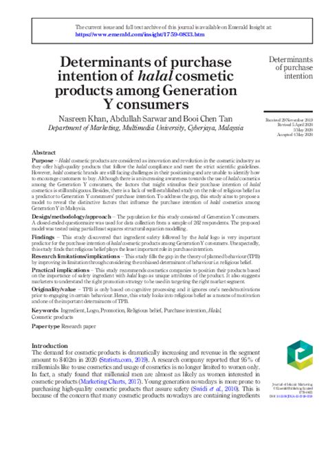 Pdf Determinants Of Purchase Intention Of Halal Cosmetic Products