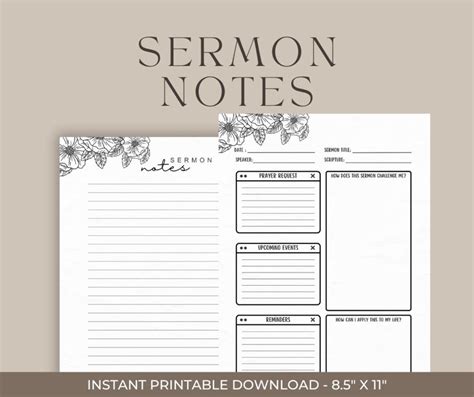 Printable Sermon Notes Journal 2 Page Digital Download Church Notes