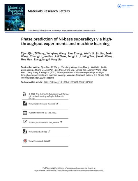 Pdf Phase Prediction Of Ni Base Superalloys Via High Throughput Experiments And Machine Learning