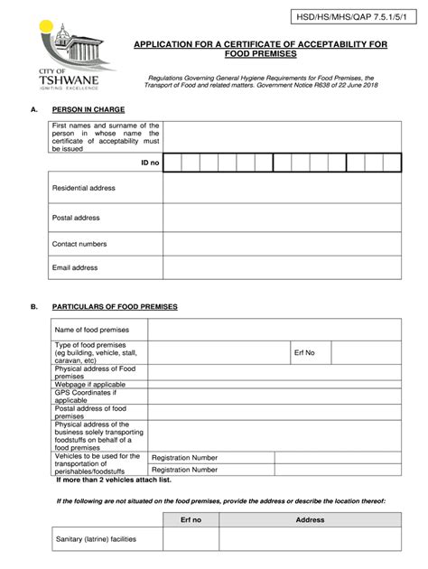 za application for a certificate of acceptability for food premises