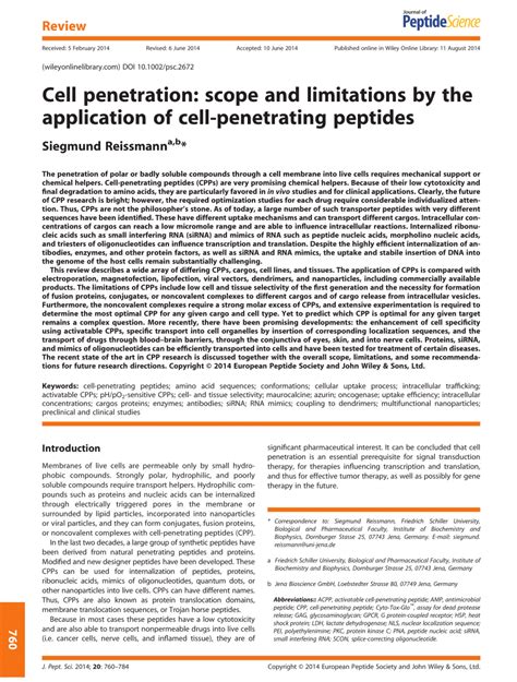 Pdf Cell Penetration Scope And Limitations By The Application Of Cell Penetrating Peptides