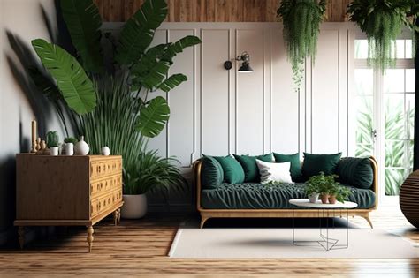 Um Exemplo De Design De Interiores De Salas De Estar Tema Tropical Textura De Madeira De