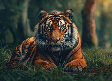 A Tiger Lies On A Sandy Patch With Its Stripes Clearly Visible Looking Directly At The Camera