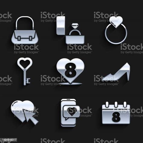 3 월 8 일 온라인 데이트 앱 및 채팅 캘린더 여자 신발 커서 클릭 주요 하트 모양 결혼 반지 및 핸드백 아이콘으로 하트 설정