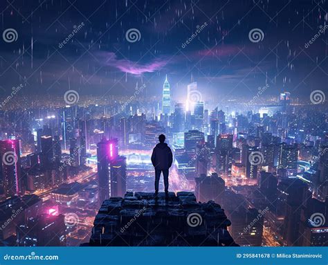 Cyberpunk Cityscape A Man Stands On The Edge Of A Hill Overlooking A Futuristic City Stock