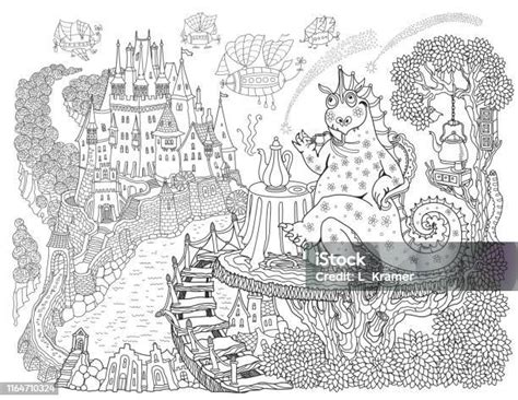 중세 성 근처의 나무 테라스에서 테이블에서 커피를 마시는 동화 드래곤 선형 흑백 낙서 스케치입니다 티셔츠 프린트 어른 색칠 하기 책 페이지 포스터 책 표지 벡터에 대한 스톡
