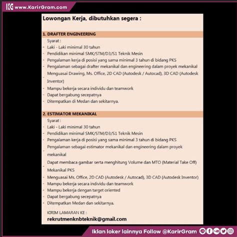 Lowongan Kerja Drafter Engineering Dan Estimator Mekanikal Bagi Yang