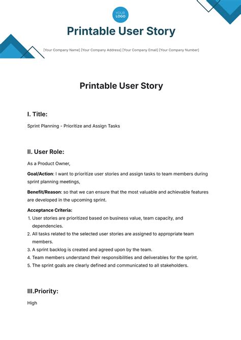 Free Printable User Story Template To Edit Online