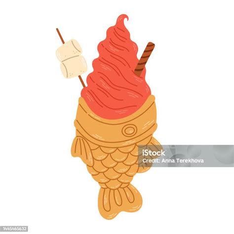 붕어빵 아이스크림 일본 빵집 딸기 아이스크림을 곁들인 물고기 모양의 케이크 일본 길거리 음식 만화 벡터입니다 Washoku에 대한 스톡 벡터 아트 및 기타 이미지 Istock