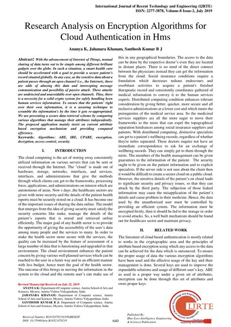 Pdf Research Analysis On Encryption Algorithms For Cloud Authentication In Hms