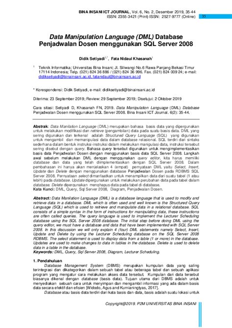 Pdf Data Manipulation Language Dml Database Penjadwalan Dosen Menggunakan Sql Server 2008