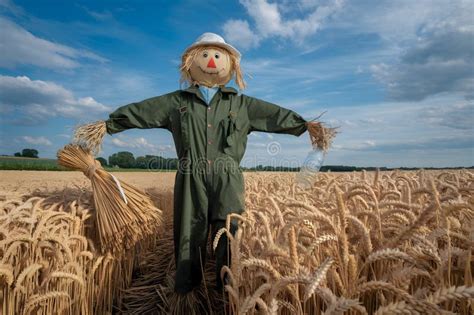 Scarecrow In Wheat Field Holding Wheat And Bottle Under A Serene Blue Sky Stock Illustration