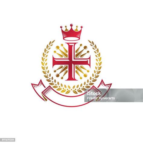 로얄 크라운으로 만든 골든 엠 블 럼 크로스 기독교 월계관 및 럭셔리 리본 팔의 문장 학 외 투 고립 벡터 일러스트 레이 션 종교와 영 성 기호입니다 0명에 대한 스톡 벡터