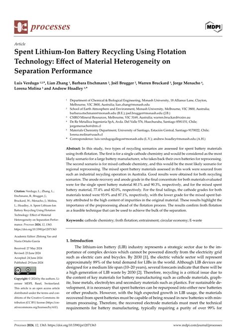 Pdf Spent Lithium Ion Battery Recycling Using Flotation Technology Effect Of Material