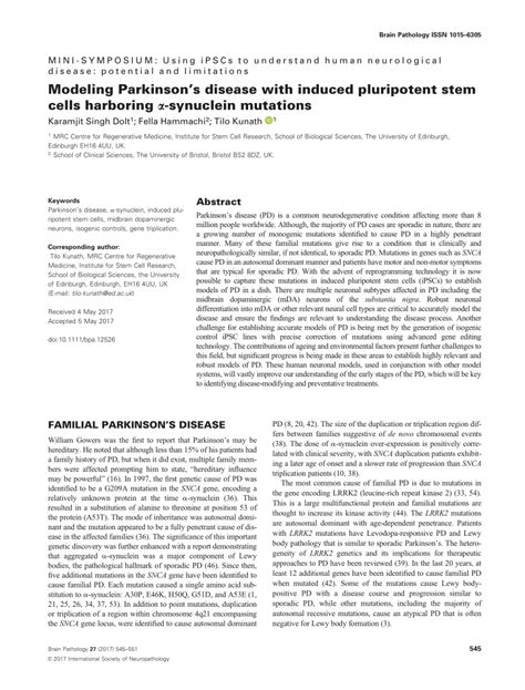 Pdf Modeling Parkinsons Disease With Induced Pluripotent Stem Cells Harboring α Synuclein