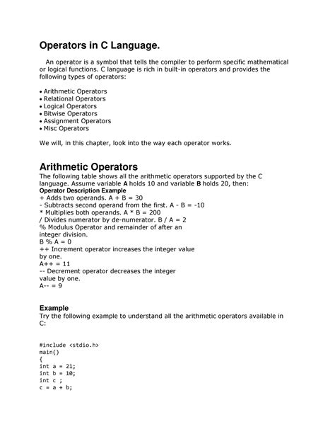 Operators In C Language An Operator Is A Symbol That Tells The